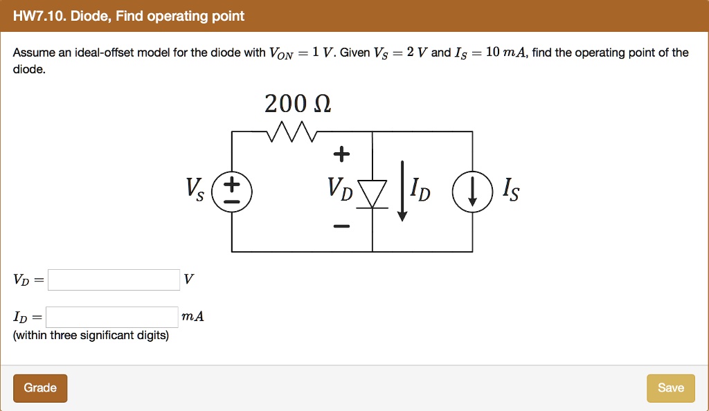 HW7.10. Diode, Find operating point Assume an ideal-offset model for the diode with VON = 1 V ...