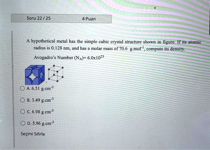 SOLVED: Hypothetical metal has the simple cubic crystal structure shown in the figure. If its ...