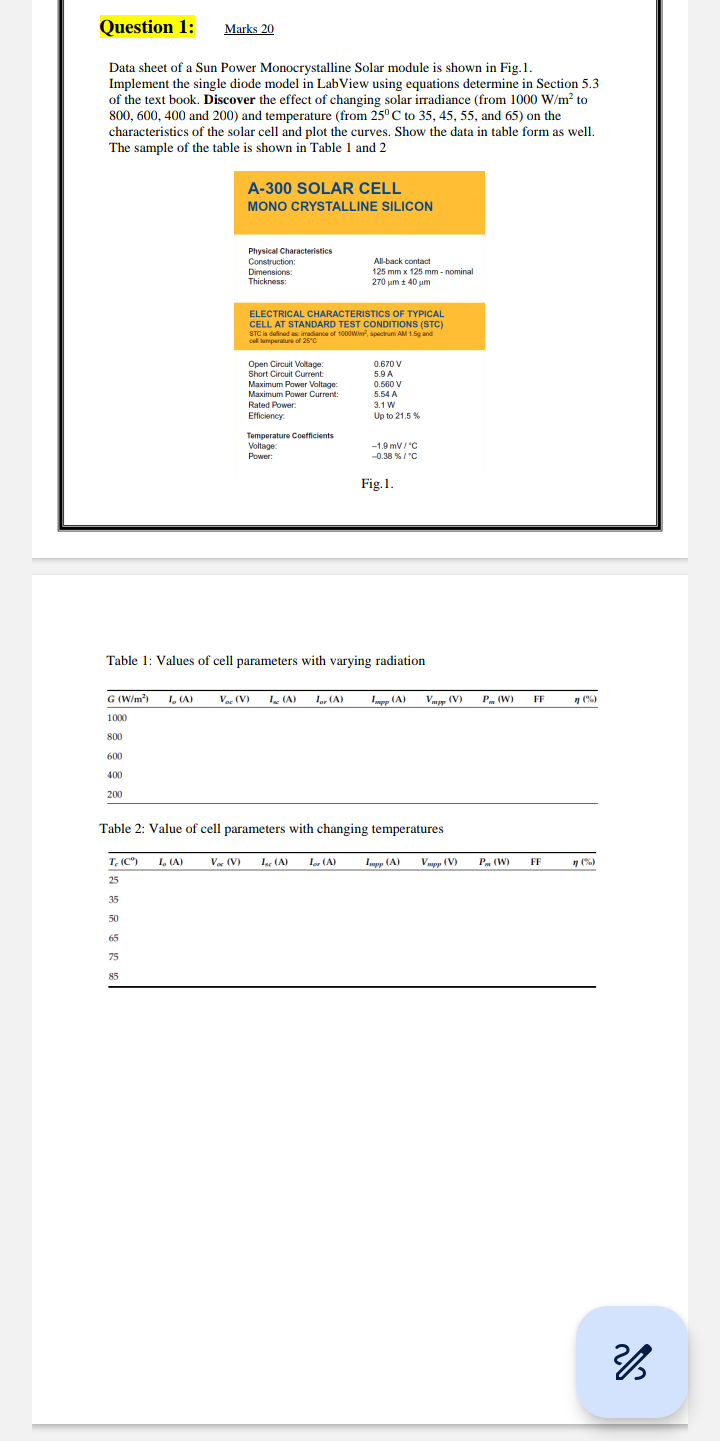 [GET ANSWER] Question 1: Marks 20 Data sheet of a Sun Power ...