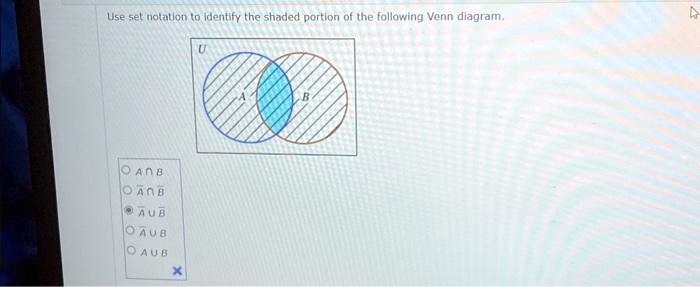 Use set notation to identify the shaded portion of the following Venn diagram. U A ∩B A ∩B A ∪B ...