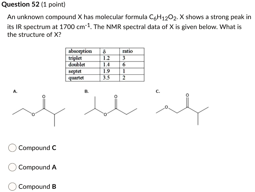 question 52 1 point an unknown compound x has molecular formula c6h12o2 ...
