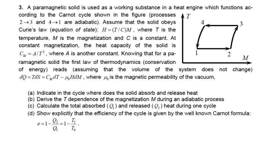 SOLVED: A paramagnetic solid is used as a working substance in a heat engine which functions ...