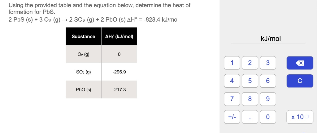 SOLVED: Using the provided table and the equation below, determine the heat of formation for PbS ...