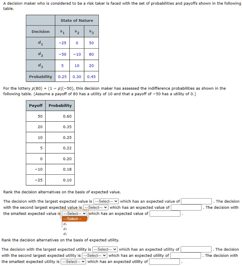SOLVED: A decision maker who is considered to be a risk taker is faced ...