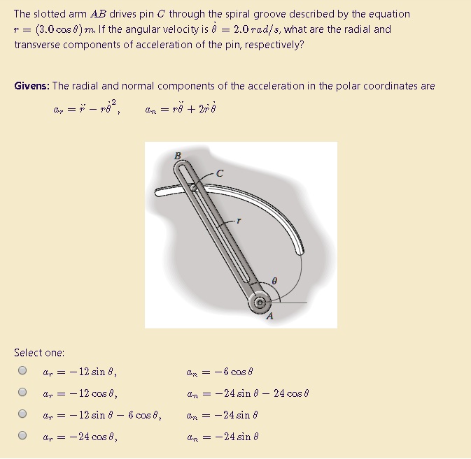 SOLVED: The slotted arm AB drives pin C through the spiral groove described by the equation r ...