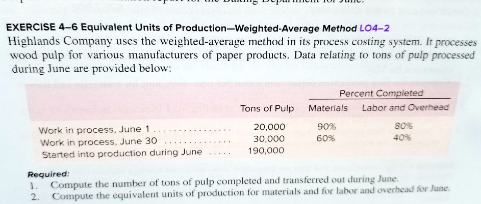 SOLVED: EXERCISE 4-6 Equivalent Units of Production-Weighted-Average Method LO4-2 Highlands ...