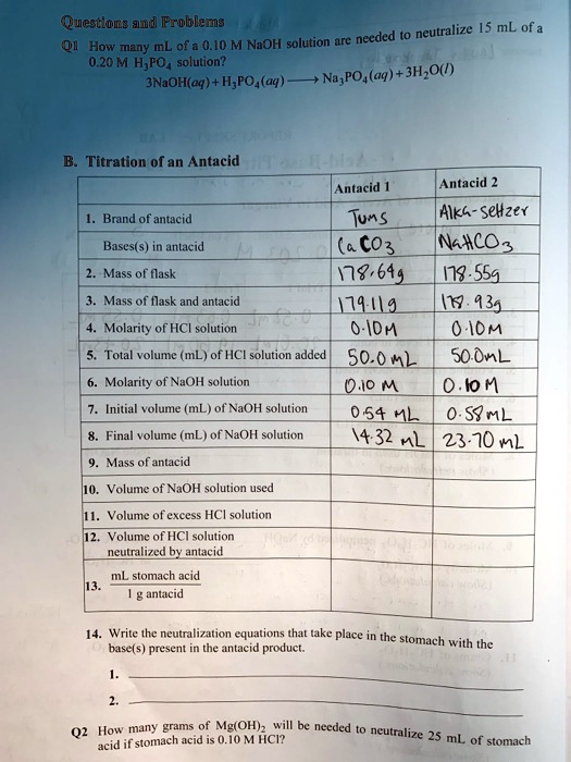 SOLVED: Quest Wiz and Frollerns neutralize 15 mL of a 0.10 M NaOH solution are needed. How many ...