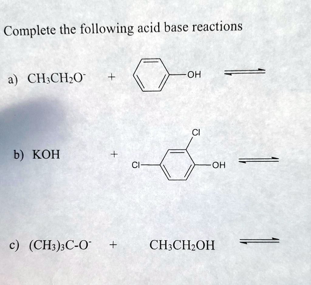 SOLVED: a) CH3CHO + OH- → CH3COO- + H2O b) KOH + HCl → KCl + H2O c) CH3C-O-CH3 + CH3CH2OH → CH3C ...