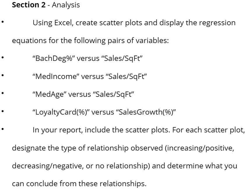 SOLVED: 'Section 2 Analysis Using Excel, create scatter plots and display the regression ...