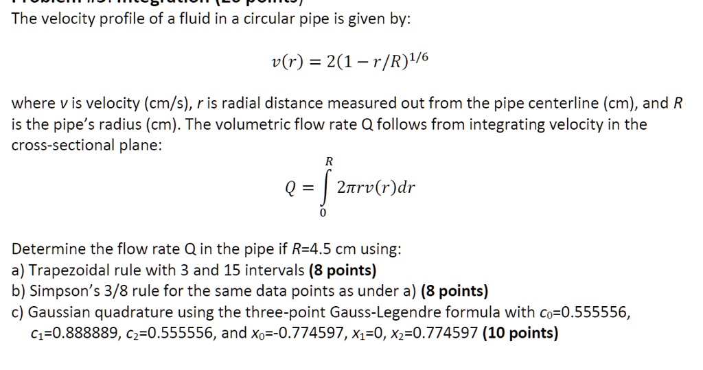 SOLVED: The velocity profile of a fluid in a circular pipe is given by ...