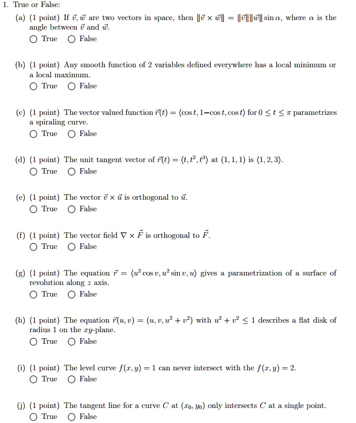 SOLVED:True or False: point) If U,w are two vectors in space then Ilu x ...