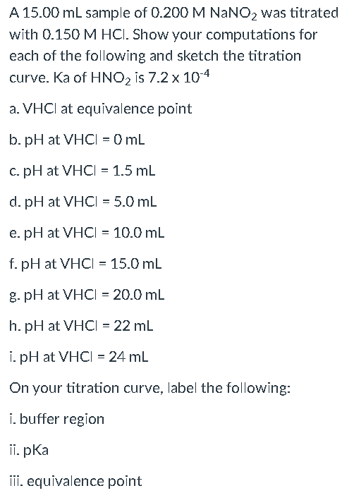 SOLVED: A 15.00 mL sample of 0.200 MNaNO2 was titrated with 0.150 MHCl ...