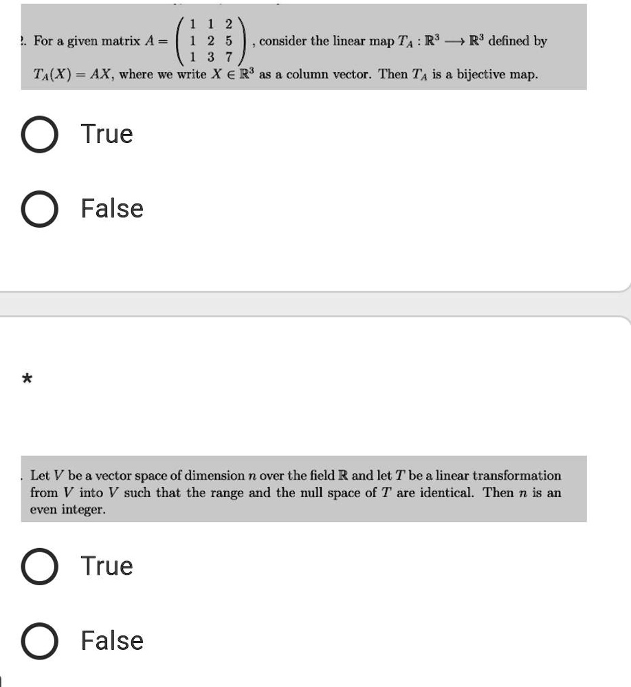 SOLVED: 1 consider the linear map TA R? + R? delined by For a given matrix A = TA(X) = AX, where ...