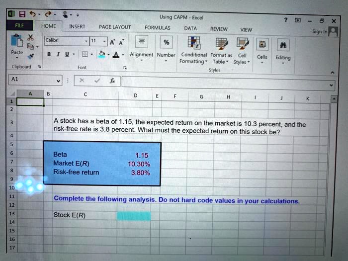 Using CAPM-Excel FILE HOME INSERT PAGE LAYOUT FORMULAS DATA REVIEW VIEW ...