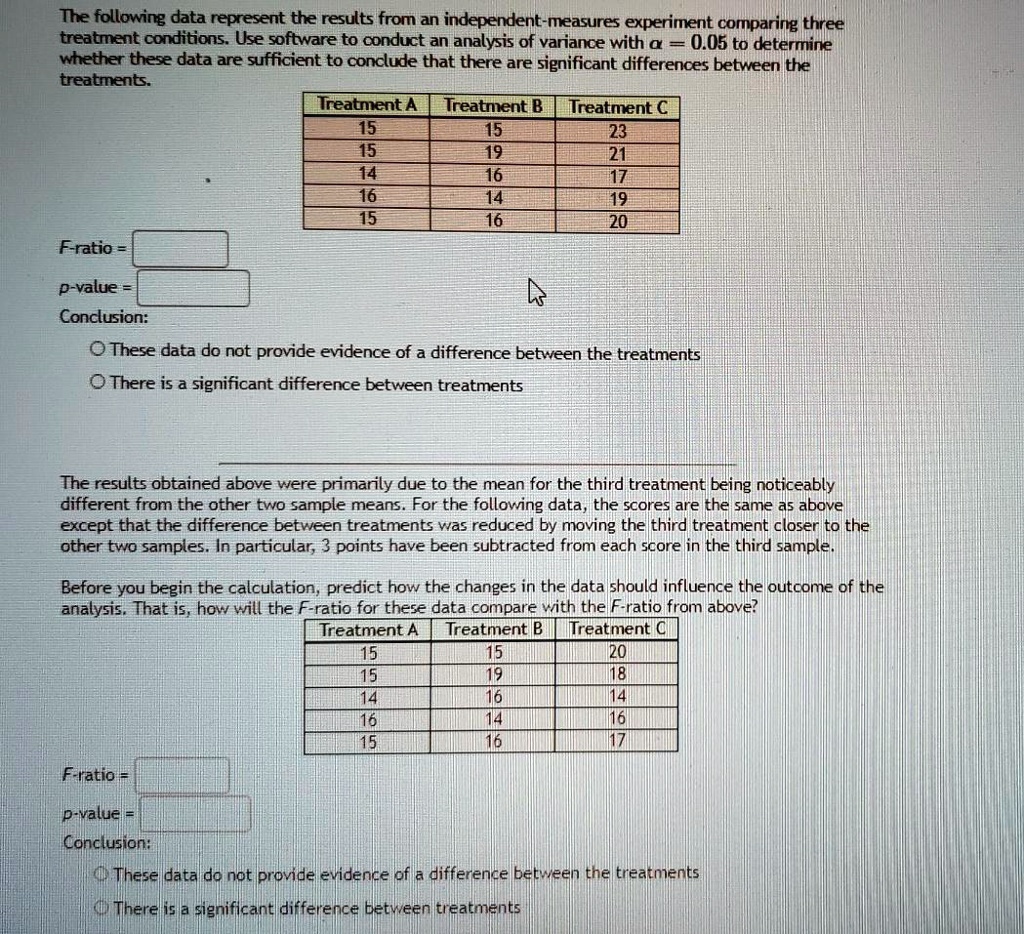 the following data represent the results from an independent measures ...