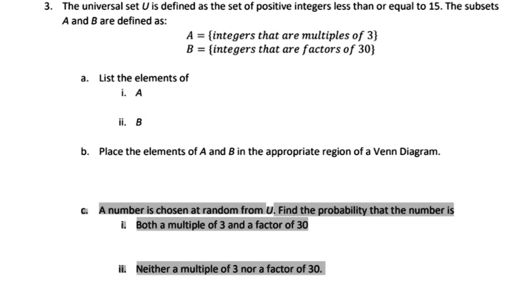 SOLVED: The universal set U is defined as the set of positive integers ...