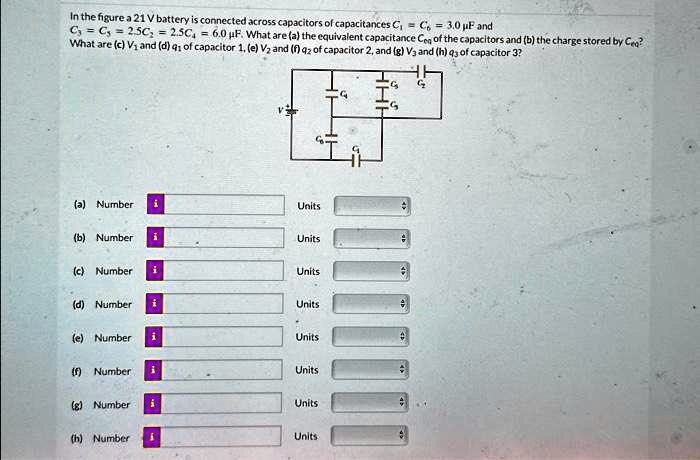 SOLVED: In the figure, a 21V battery is connected across capacitors of capacitances C1 = 3.0F ...