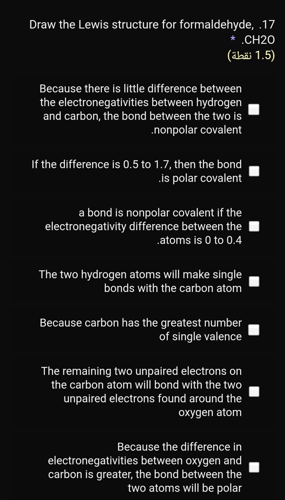 SOLVED:Draw the Lewis structure for formaldehyde; 17 CHZO (abi 1.5 ...
