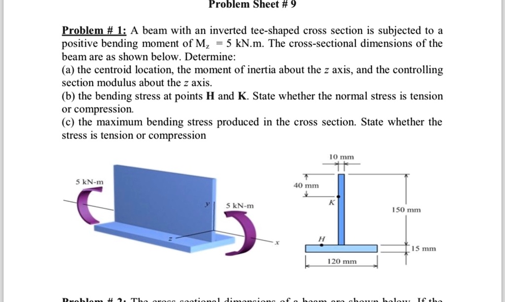 Problem Sheet # 9 Problem # 1: A beam with an inverted tee-shaped cross section is subjected to ...