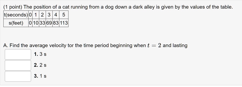 SOLVED: The position of a cat running from a dog down a dark alley is given by the values of the ...