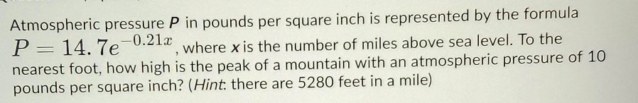 atmospheric pressure p in pounds per square inch is represented by the ...