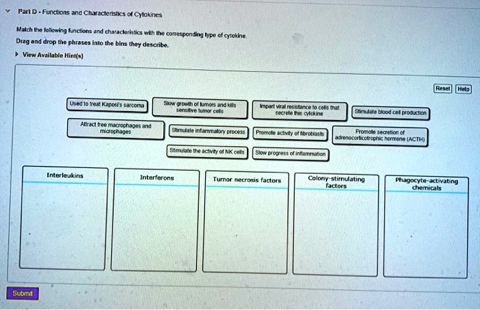 SOLVED: Part D - Functions and Characteristics of Cytokines Match the ...