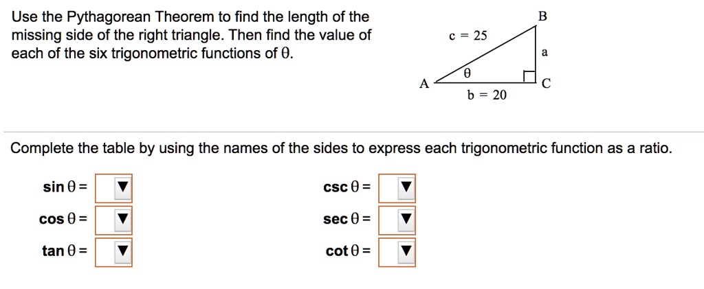 SOLVED: Use the Pythagorean Theorem to find the length of the missing side of the right triangle ...