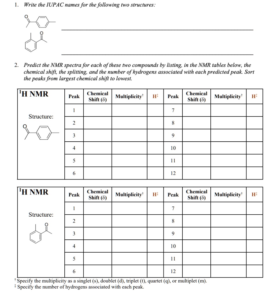 SOLVED: Write the IUPAC names for the following two structures: Predict the NMR spectra for each ...