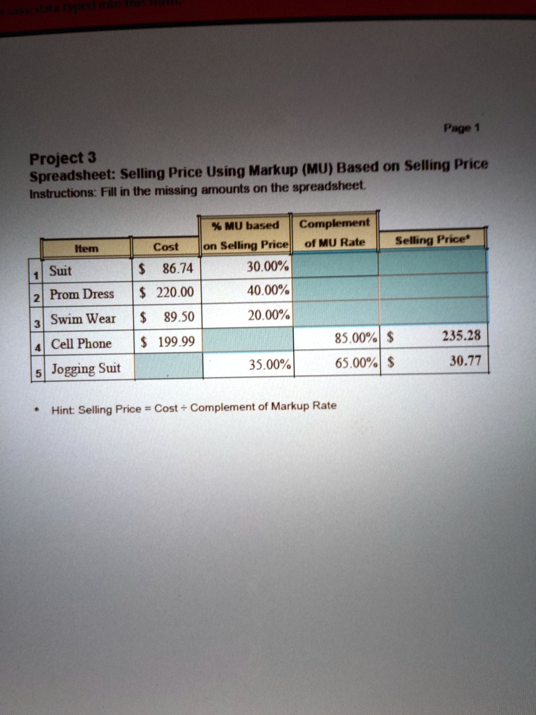 Page 1 Project 3 Spreadsheet: Selling Price Using Markup (MU) Based on ...