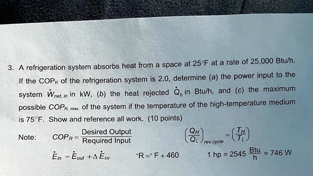 SOLVED: A refrigeration system absorbs heat from a space at 25Â°F at a ...