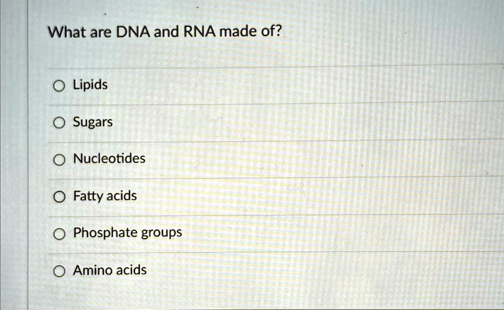 What are DNA and RNA made of? O Lipids O Sugars O Nucleotides O Fatty ...