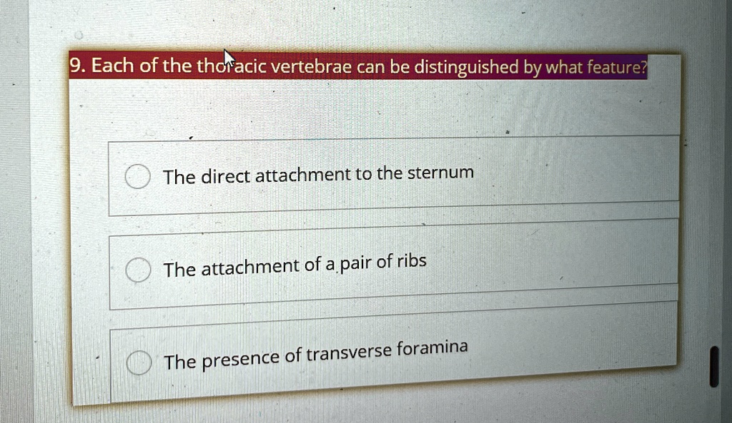 [GET ANSWER] 9 each of the thoracic vertebrae can be distinguished by ...