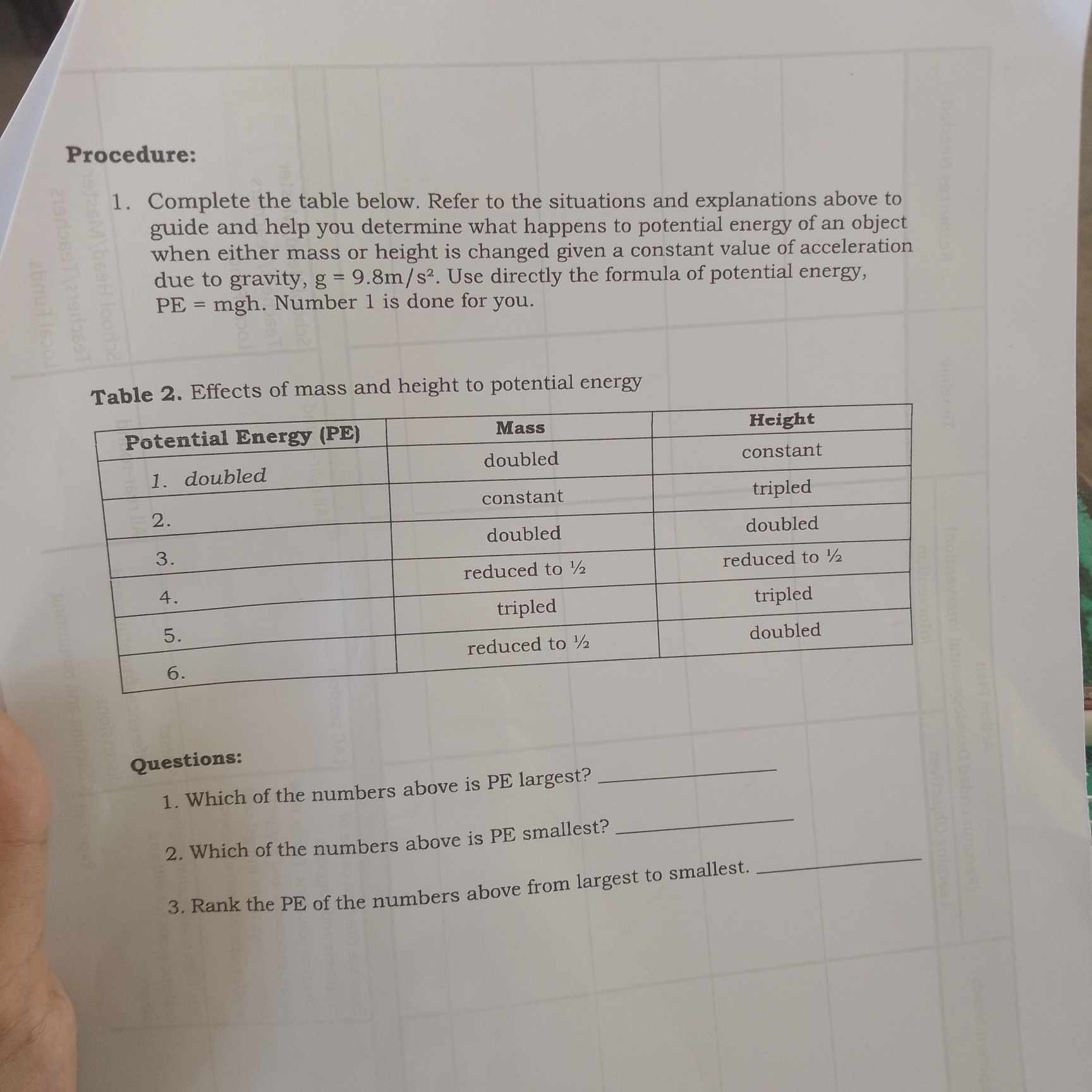 procedure 1 complete the table below refer to the situations and ...