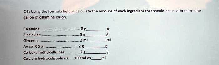 SOLVED: Q8: Using the formula below, calculate the amount of each ...