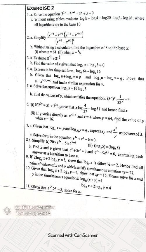 SOLVED: EXERCISE 2 L0 Solve Ihc cquation 3" 3'" 3+7= Withoul USing tables evaluule log b + log ...