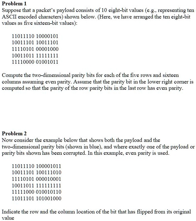 Problem 1 Suppose that a packet's payload consists of 10 eight-bit values (e.g., representing ...