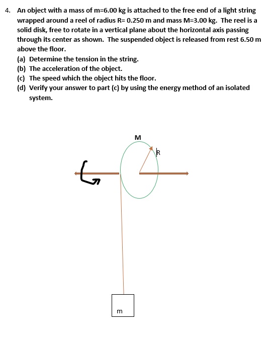 4. An object with a mass of m=6.00 kg is attached to the free end of a light string wrapped ...