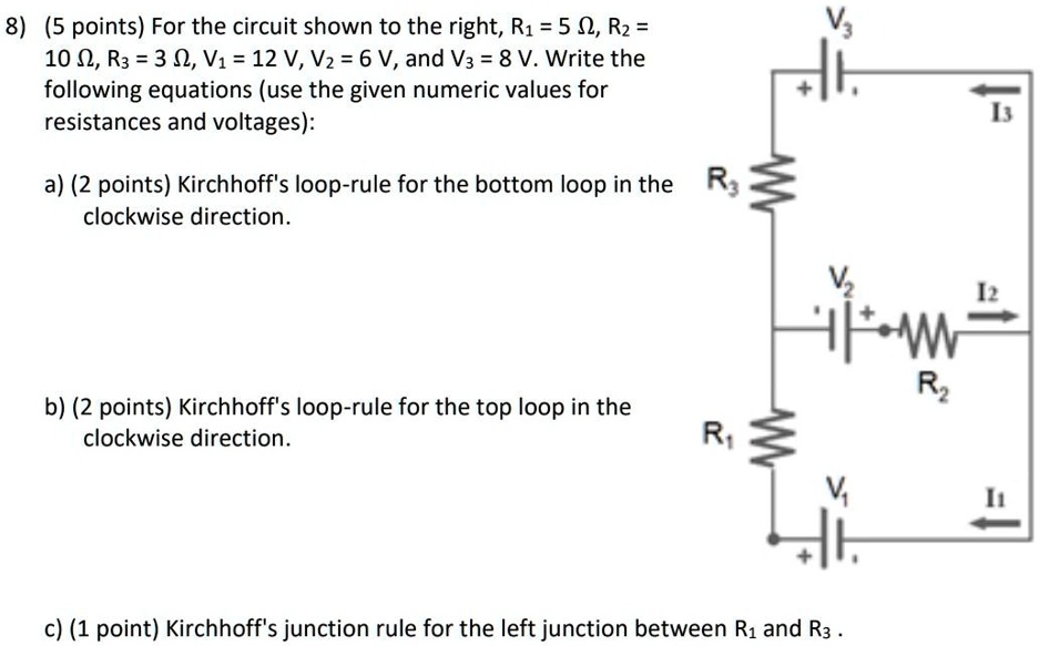SOLVED: 8) (5 points) For the circuit shown to the right, R1 = 5 0, Rz = 10 0,R3 = 3 0, Vi = 12 ...