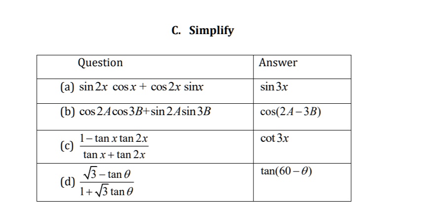 c simplify question answer a sin2x cosx cos2x sinx sin 3x b cos ...