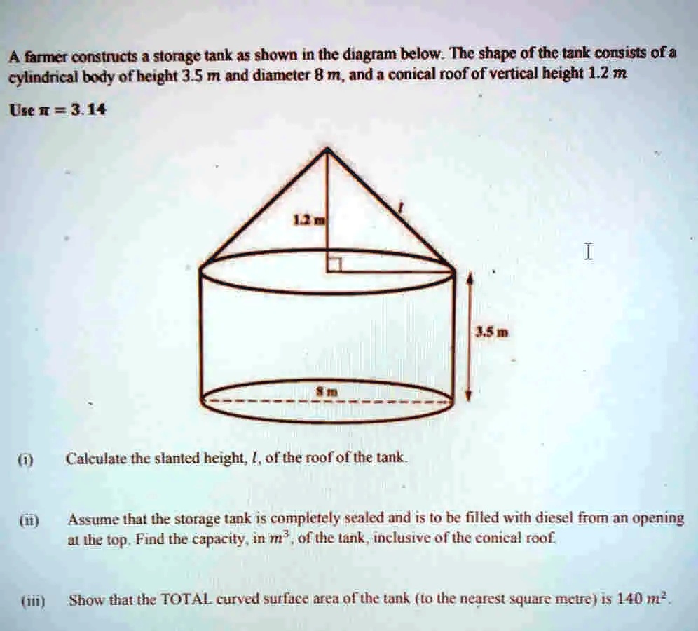 A farmer constructs a storage tank as shown in the diagram below. The ...