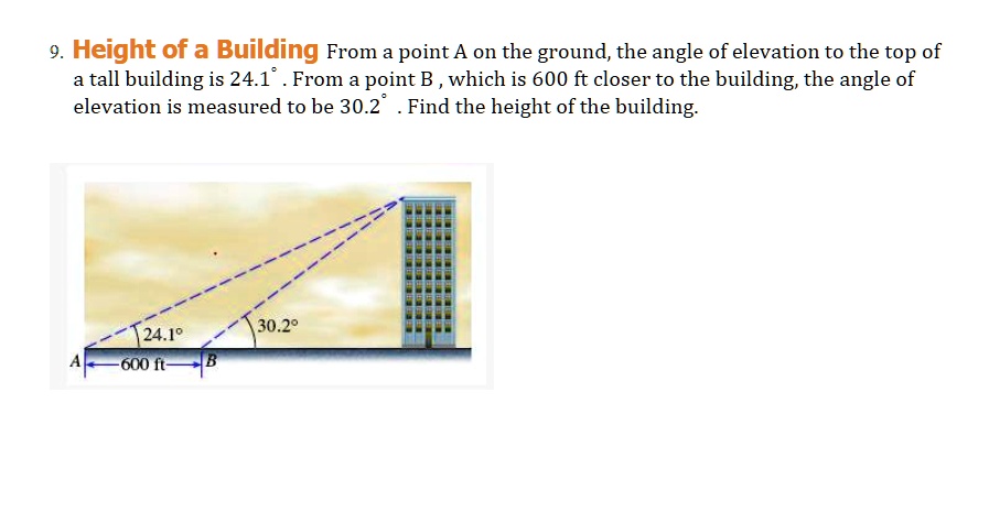 SOLVED: Height of a Building From point A on the ground, the angle of ...