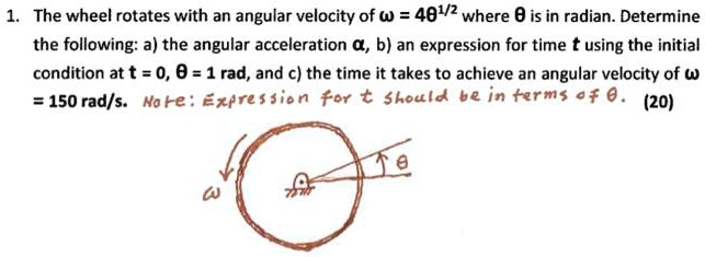 1. The wheel rotates with an angular velocity of ? = 40?^1/2 where ? is ...
