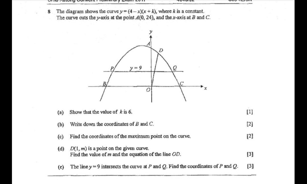 SOLVED: Coordinate geometry Tony The diagram shows the curve y = (4-x^2 + k) where k is a ...