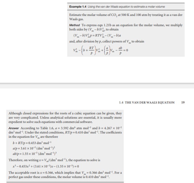 Example 1.4 Using the van der Waals equation to estimate a molar volume ...