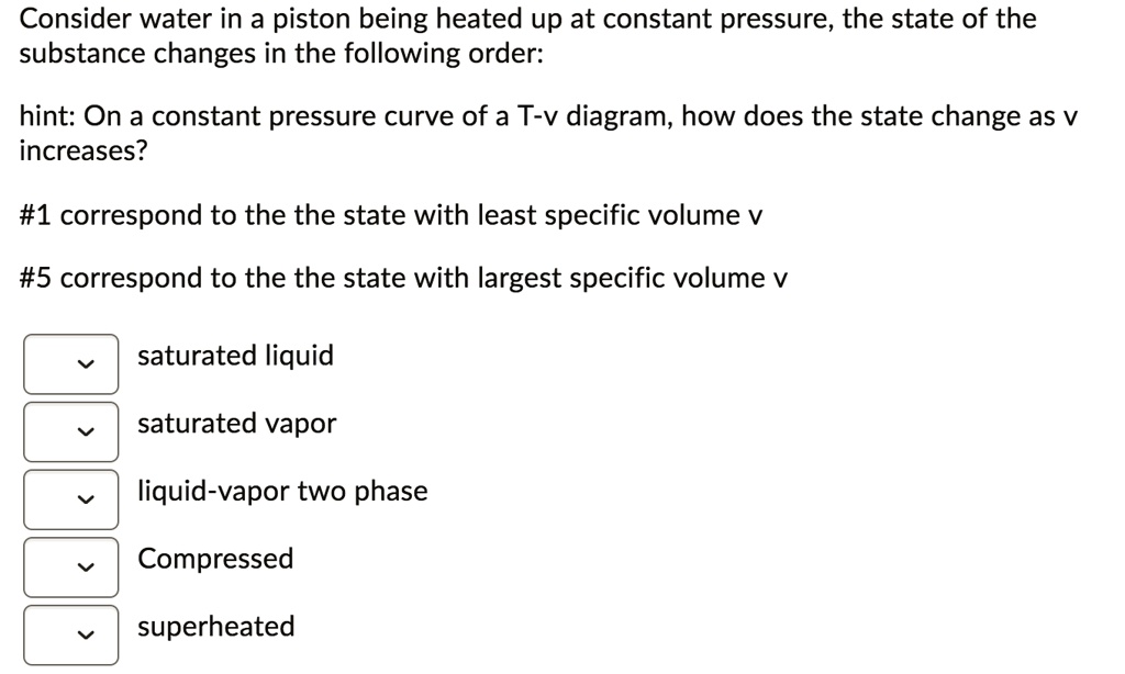 SOLVED: thermo Consider water in a piston being heated up at constant ...