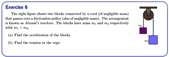 Exercise 6 The right figure shows two blocks connected by a cord (of negligible mass) that ...