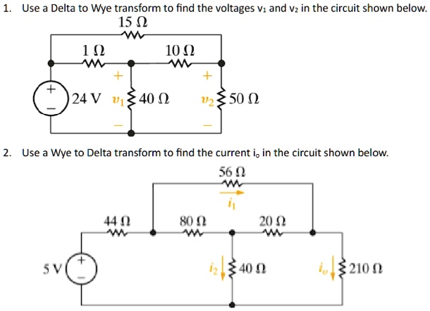 1. Use a Delta to Wye transform to find the voltages v1 and v2 in the circuit shown below. 15 ...