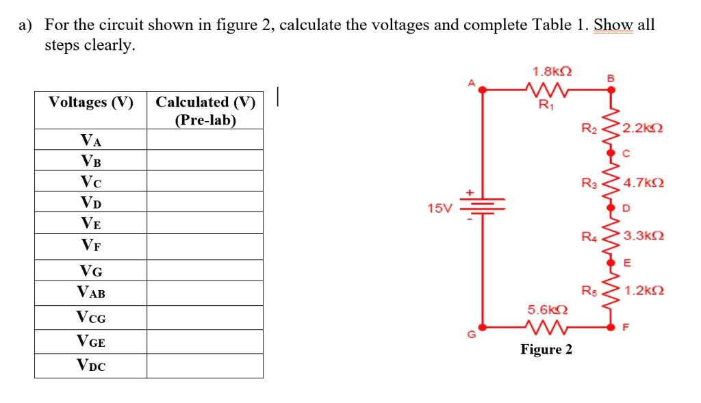 for the circuit shown in figure 2 calculate the voltages and complete table 1 show all steps ...