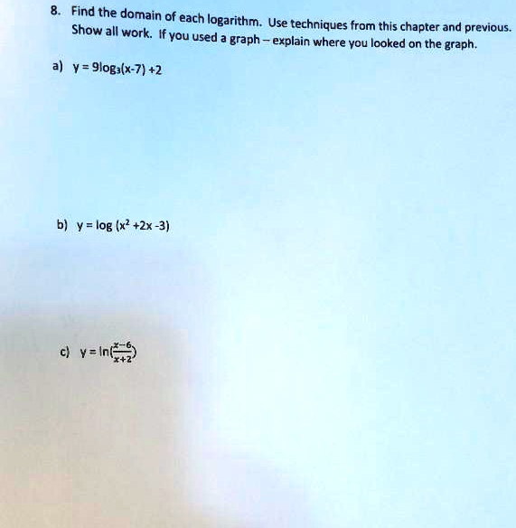 SOLVED: Find the domain of each logarithm: Use techniques from this ...