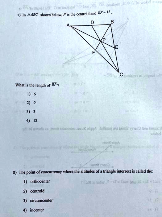 SOLVED: 7) In AABC shown below, Pis the centroid and BF = 18 What is ...